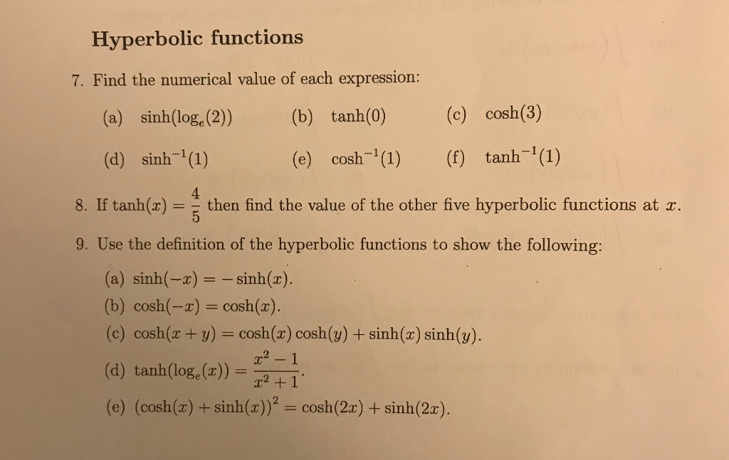 Solved Hyperbolic functions 7. Find the numerical value of | Chegg.com