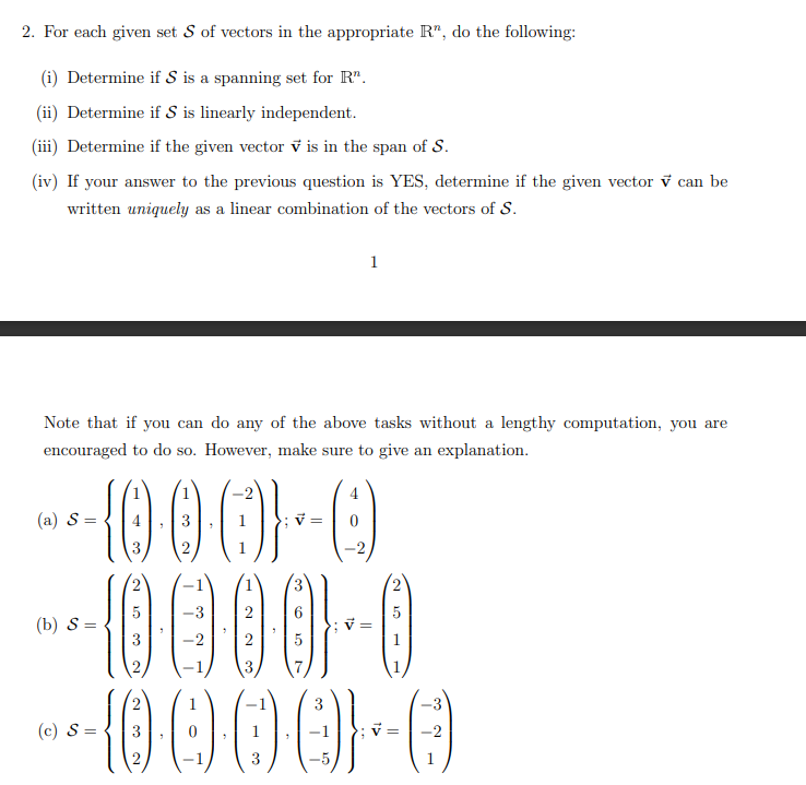 Solved 2. For each given set S of vectors in the appropriate | Chegg.com
