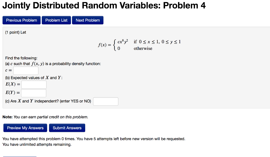 Solved Jointly Distributed Random Variables: Problem 4 | Chegg.com