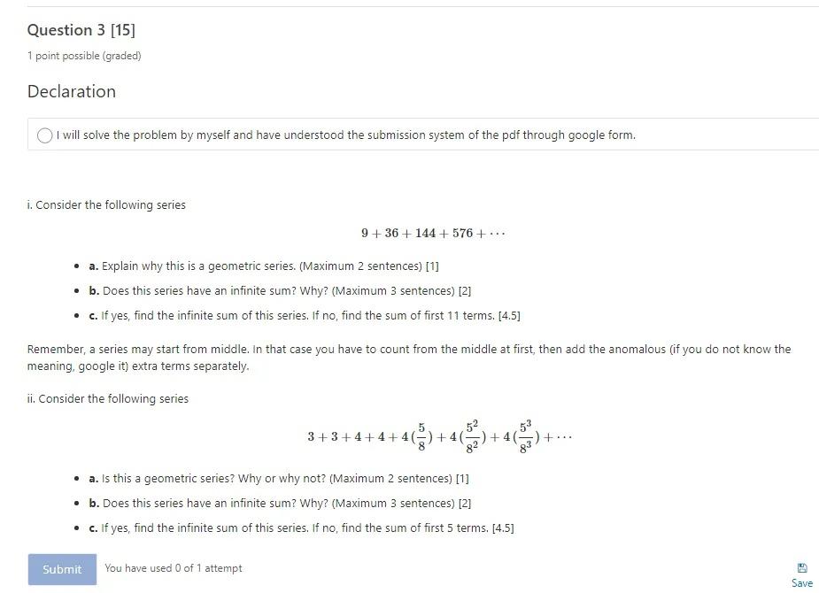 Solved Question 3 [15] 1 point possible (graded) Declaration | Chegg.com
