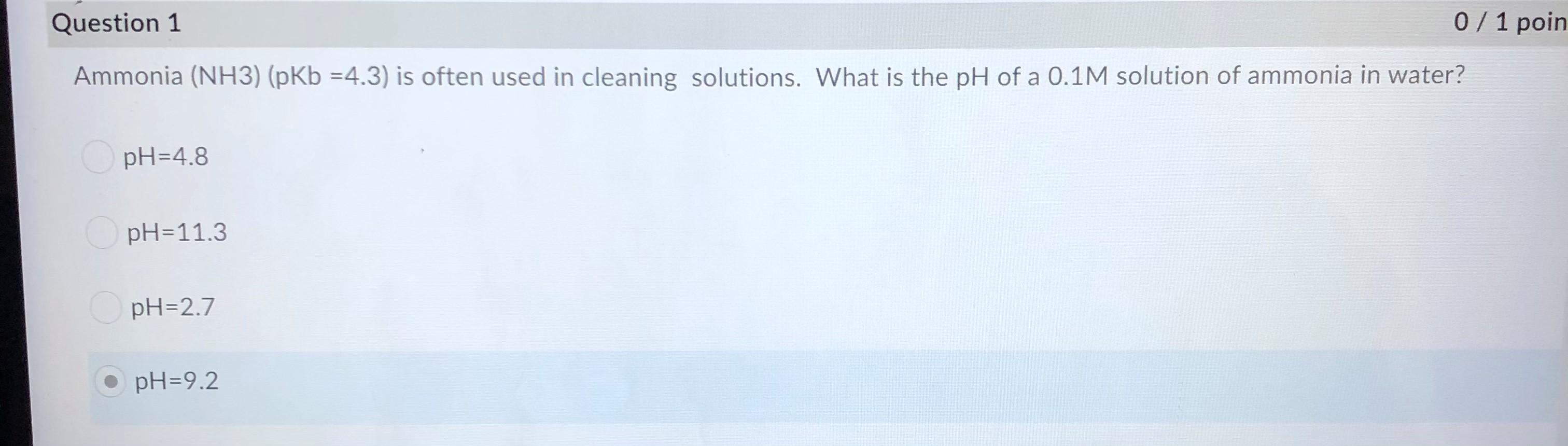 Solved Question 1 0 / 1 poin Ammonia (NH3) (pKb =4.3) is | Chegg.com
