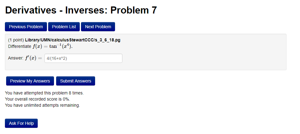 Solved Derivatives - Inverses: Problem 7 Previous Problem | Chegg.com