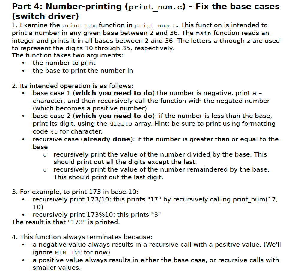 Solved Part 4: Number-printing (print num.c) - Fix the base | Chegg.com