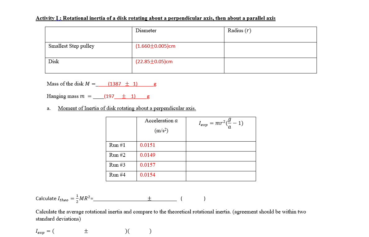 Solved Activity 1: Rotational inertia of a disk rotating | Chegg.com