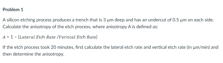 Solved Problem 1A silicon etching process produces a trench | Chegg.com