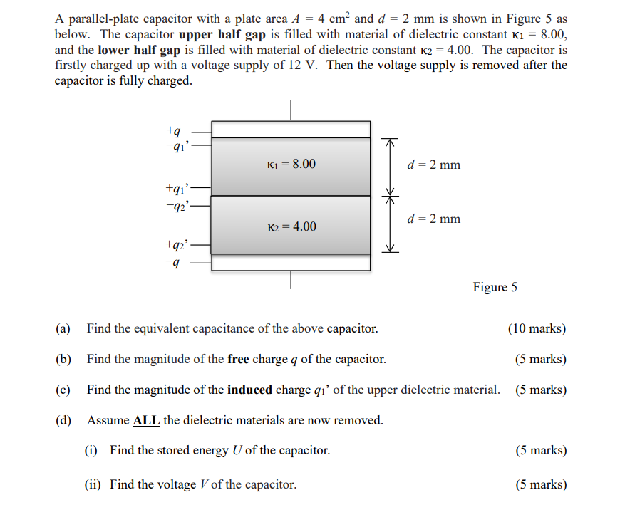 Solved A parallel-plate capacitor with a plate area A = 4 | Chegg.com