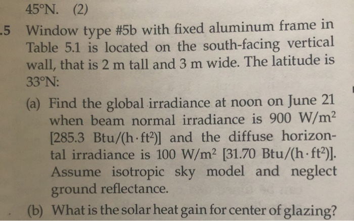 45°N. (2) Window type #5b with fixed aluminum frame | Chegg.com