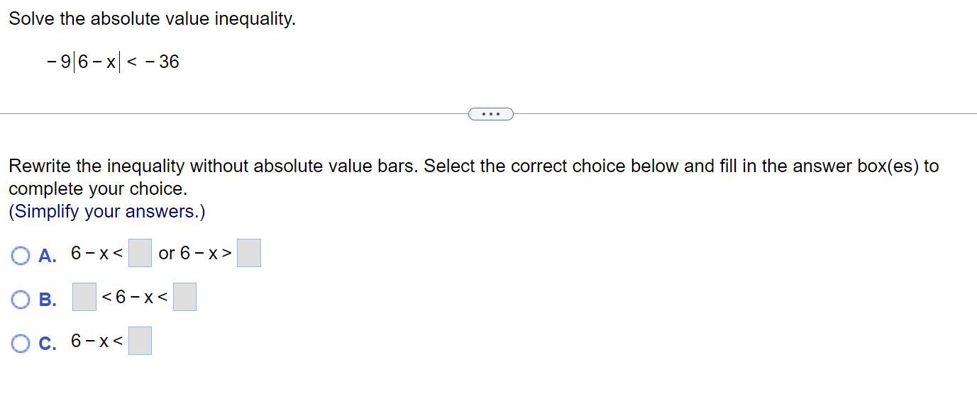 Solved Solve the absolute value inequality. -96-x-36 Rewrite | Chegg.com