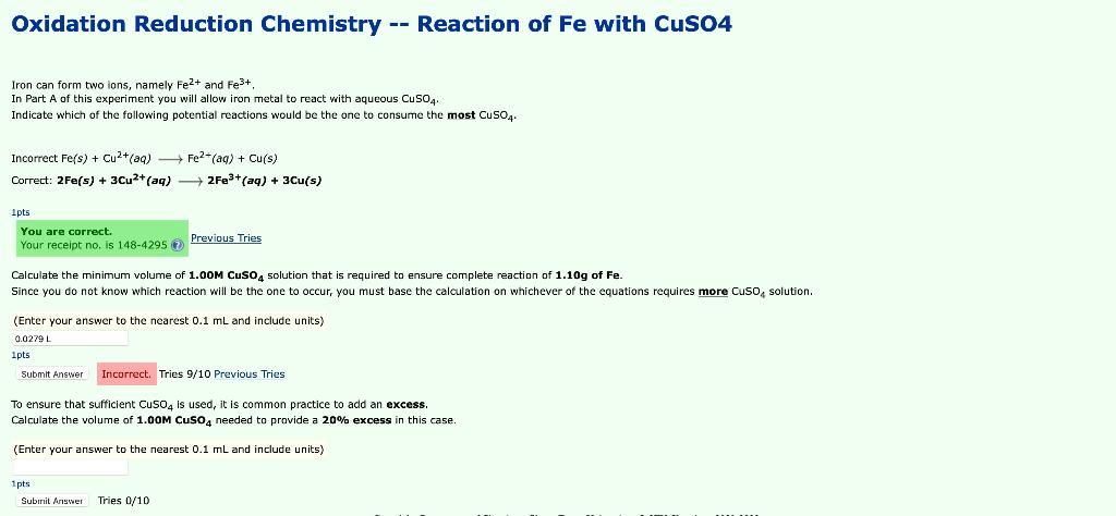Solved Oxidation Reduction Chemistry = Reaction of Fe with | Chegg.com