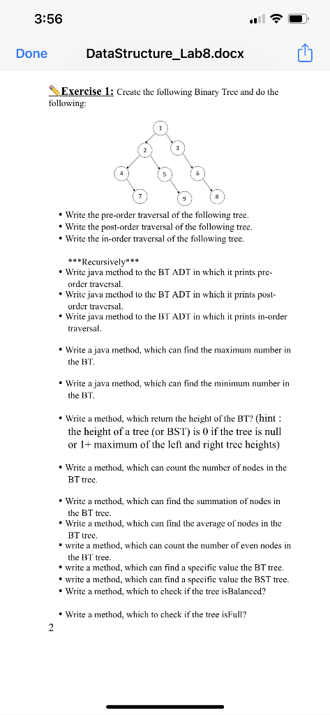Solved 3:56 Done DataStructure_Lab8.docx Exercise 1: Create | Chegg.com