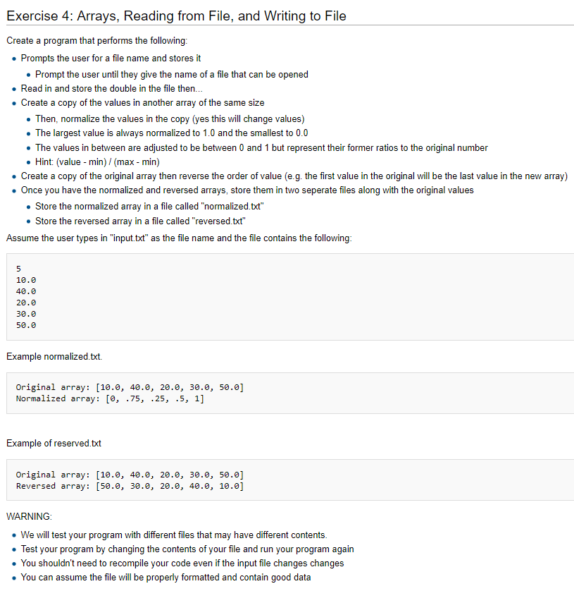 Solved Exercise 4: Arrays, Reading from File, and Writing to | Chegg.com