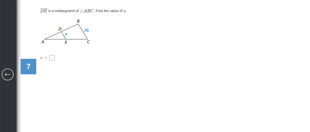 Solved ?bar (DE) ﻿is a midsegment of ????ABC. ﻿Find the | Chegg.com