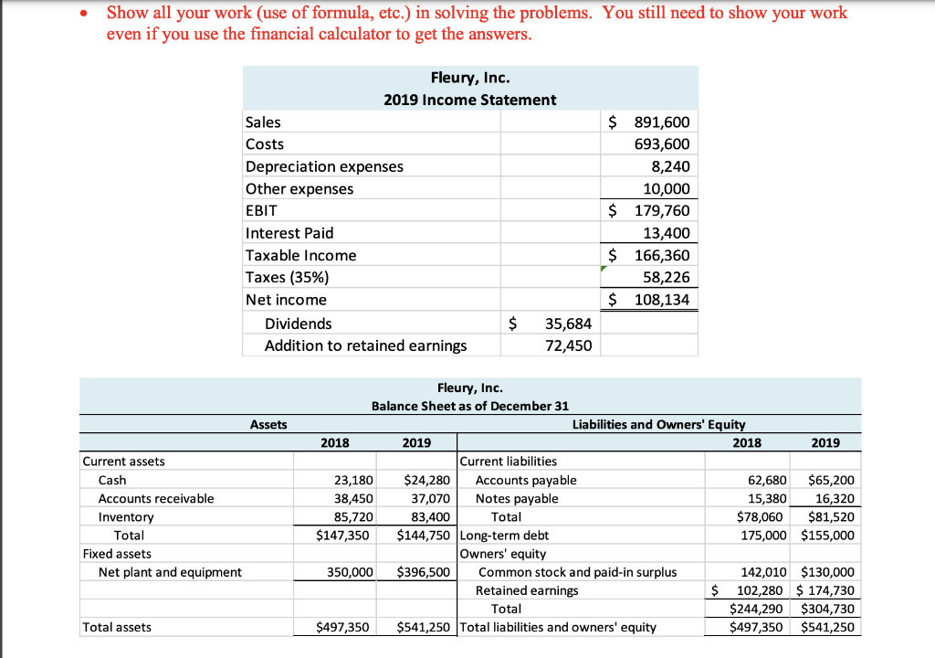 Solved Use the financial statements above for Fleury, Inc. | Chegg.com