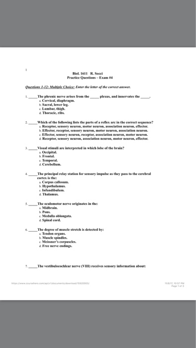 Solved Biol. 1611 R. Seci Practice Questions-Esam -The | Chegg.com