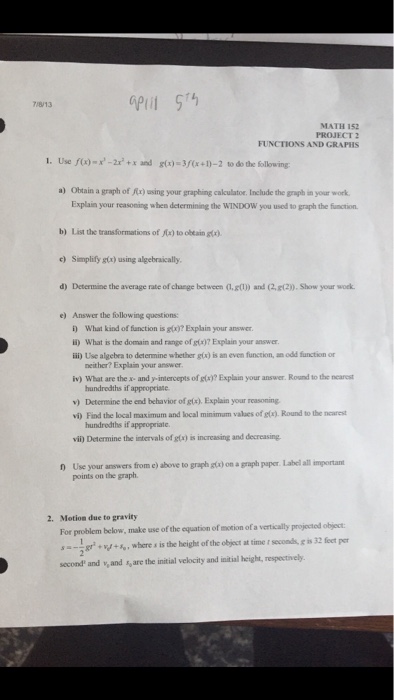 Solved MATH 152 PROJECT FUNCTIONS AND GRAPHS 1. Use x)-x' | Chegg.com