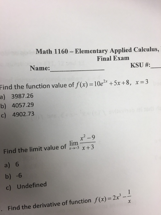 Solved Math 1160- Elementary Applied Calculus, Final Exanm | Chegg.com