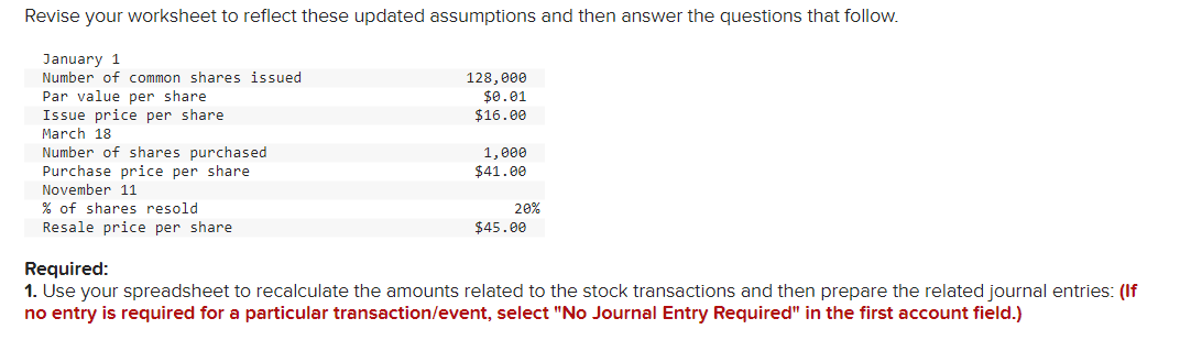 Solved Required: 1. Use your spreadsheet to recalculate the | Chegg.com