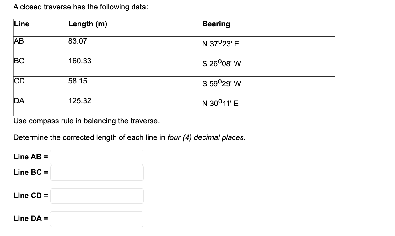 Solved A closed traverse has the following data: Line Length | Chegg.com