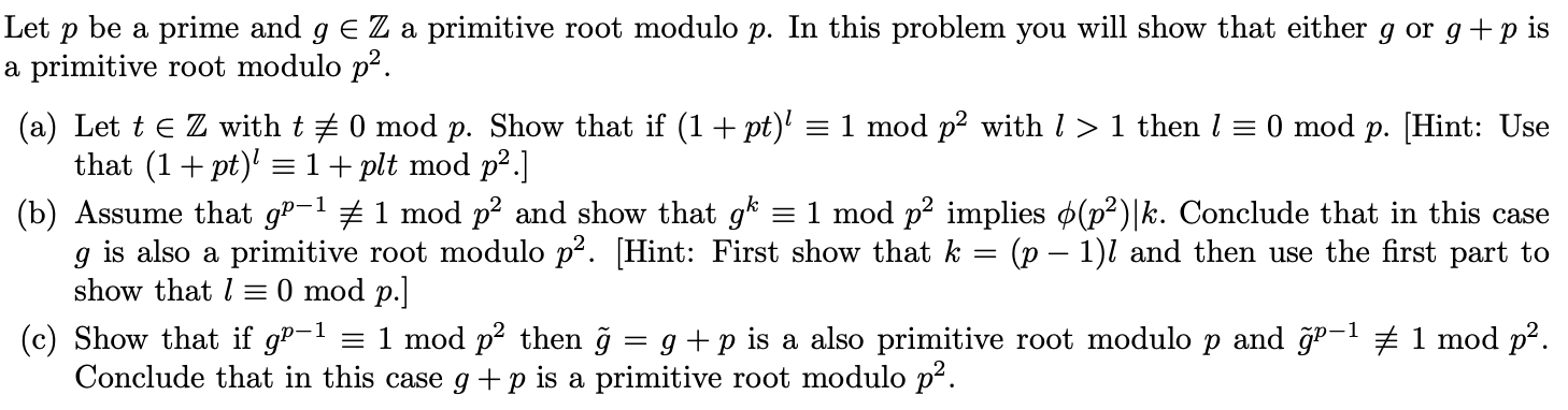 Solved Let p be a prime and g∈Z a primitive root modulo p. | Chegg.com