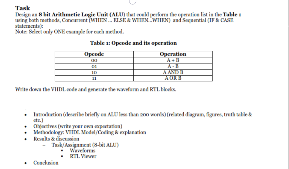 Task Design an 8 bit Arithmetic Logic Unit (ALU) that | Chegg.com