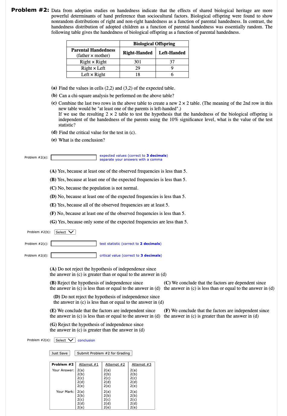 Solved Problem \# 2: Data from adoption studies on | Chegg.com