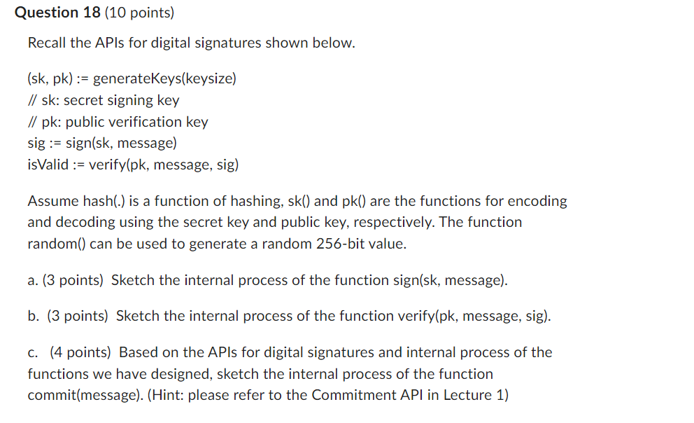 Solved Recall the APIs for digital signatures shown below. | Chegg.com