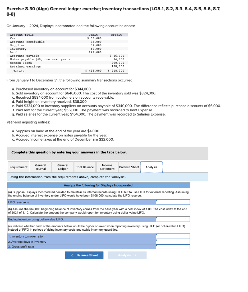 Solved Exercise 8-30 (Algo) General ledger exercise; | Chegg.com