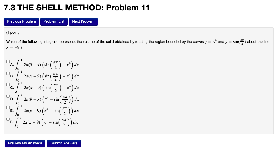Solved 7.3 THE SHELL METHOD: Problem 11 Previous Problem | Chegg.com