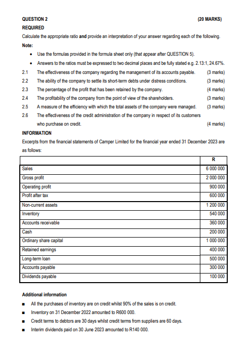 Solved QUESTION 2(20 ﻿MARKS)REQUIREDCalculate the | Chegg.com