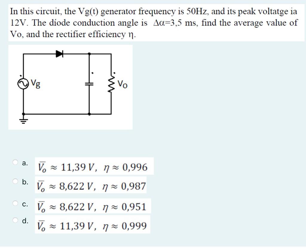 Solved In this circuit, the Vg(t) ﻿generator frequency is | Chegg.com