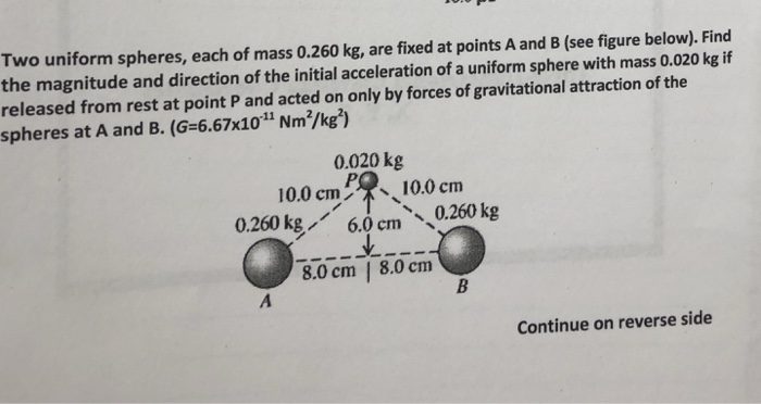 Solved Two uniform spheres, each of mass 0.260 kg, are fixed | Chegg.com