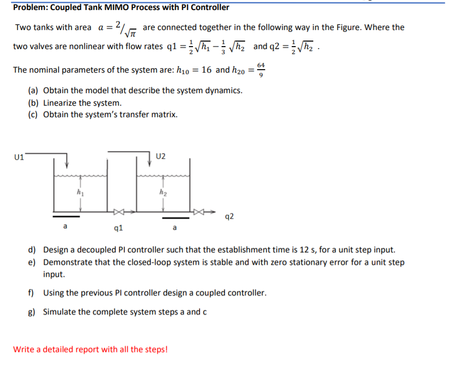 Problem: Coupled Tank MIMO Process with Pl Controller | Chegg.com