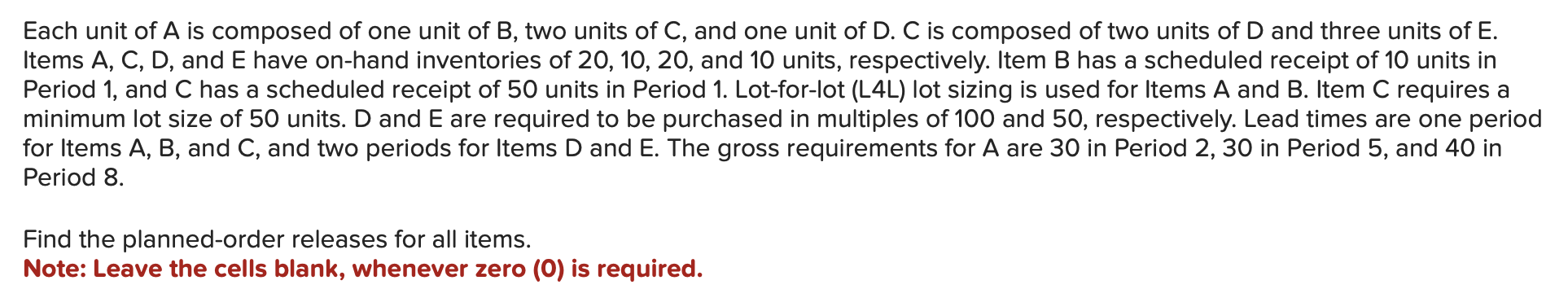 Solved Each unit of A is composed of one unit of B, two | Chegg.com