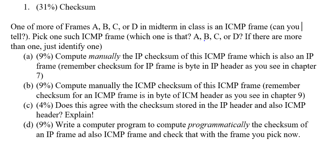 l. (31%) Checksum One of more of Frames A, B, C, or D | Chegg.com
