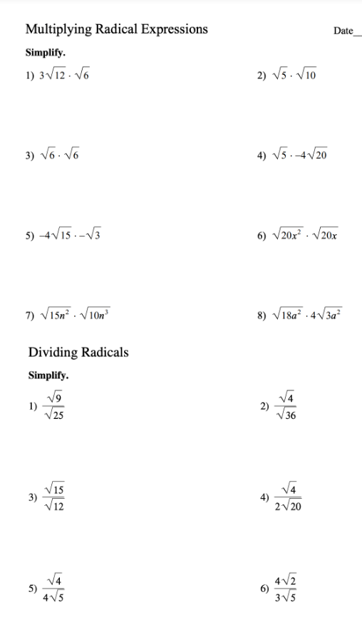 Solved Date Multiplying Radical Expressions Simplify. 1) | Chegg.com