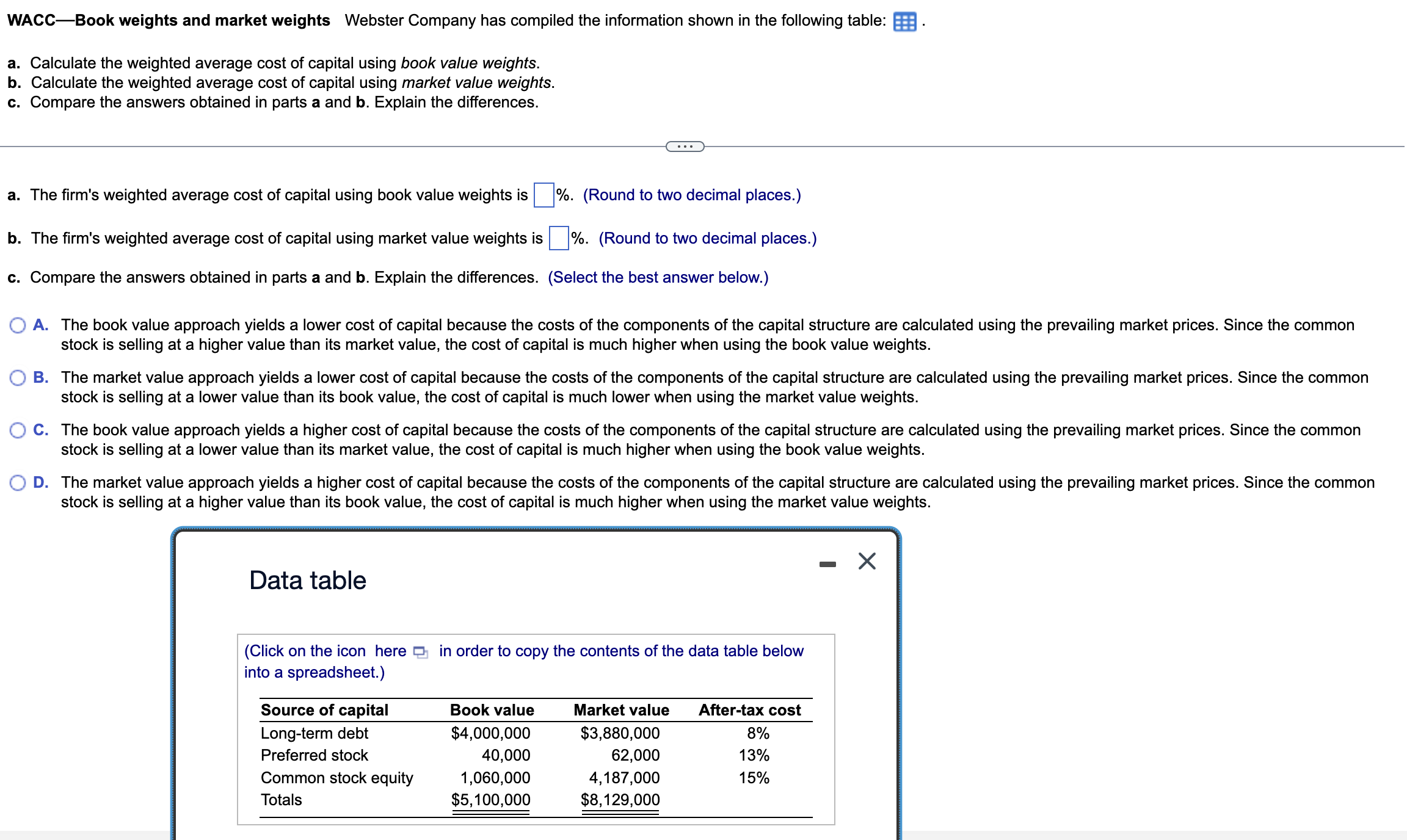 Solved WACC-Book weights and market weights Webster Company | Chegg.com