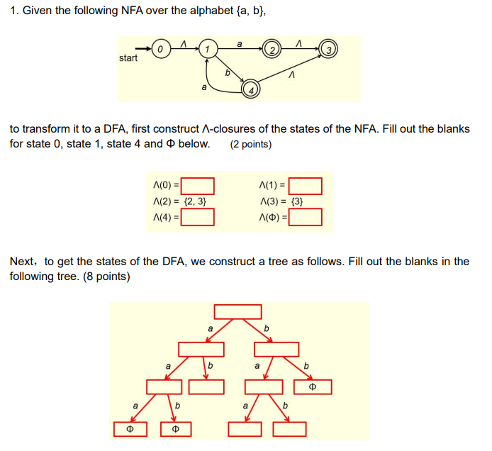 Solved 1. Given the following NFA over the alphabet {a, b}, | Chegg.com