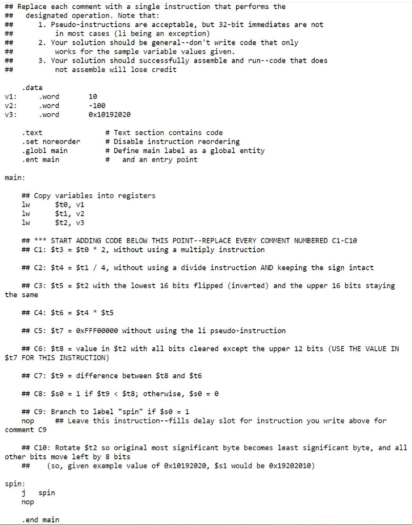 ## Replace each comment with a single instruction | Chegg.com