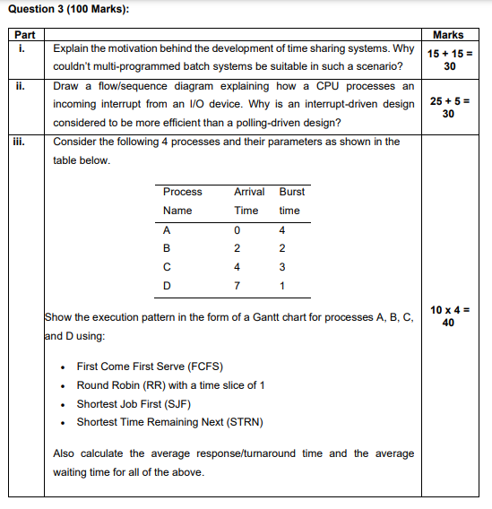 Solved Question 3 (100 Marks): Show the execution pattern in | Chegg.com
