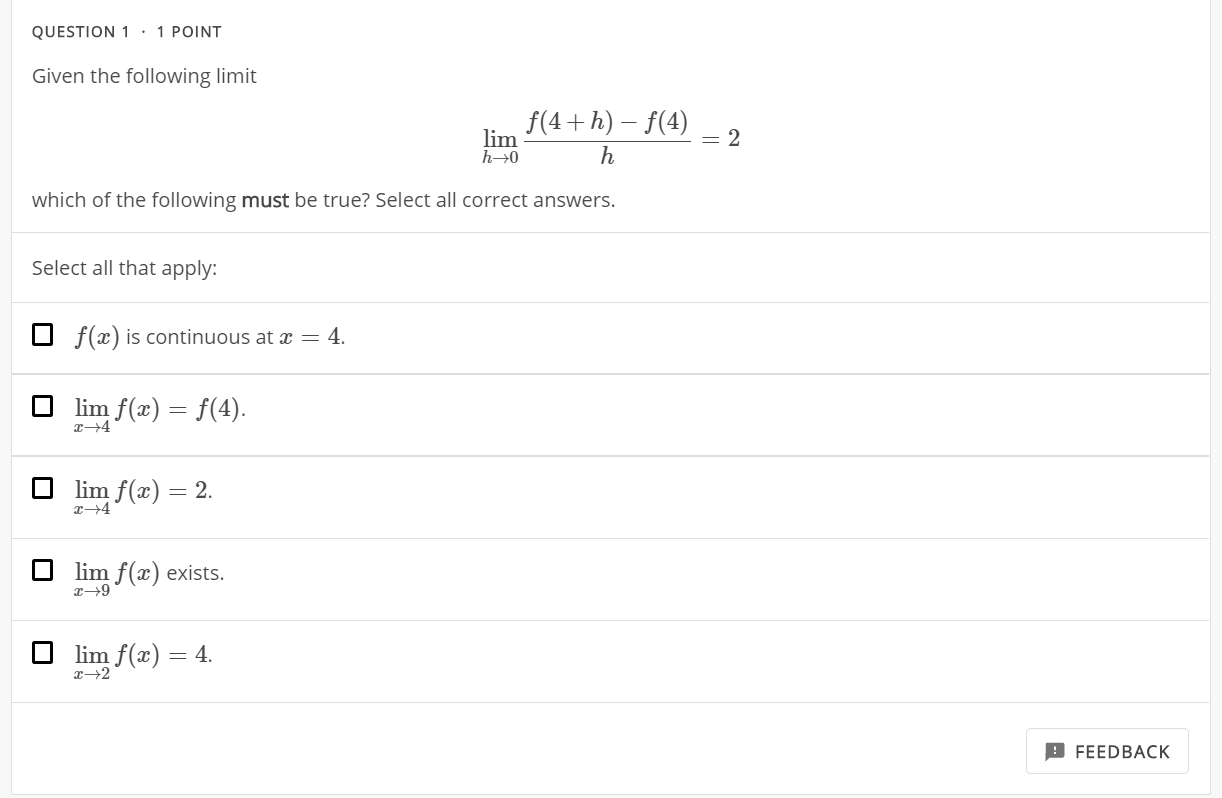Solved QUESTION 1 - 1 POINT Given the following limit f(4+h) | Chegg.com
