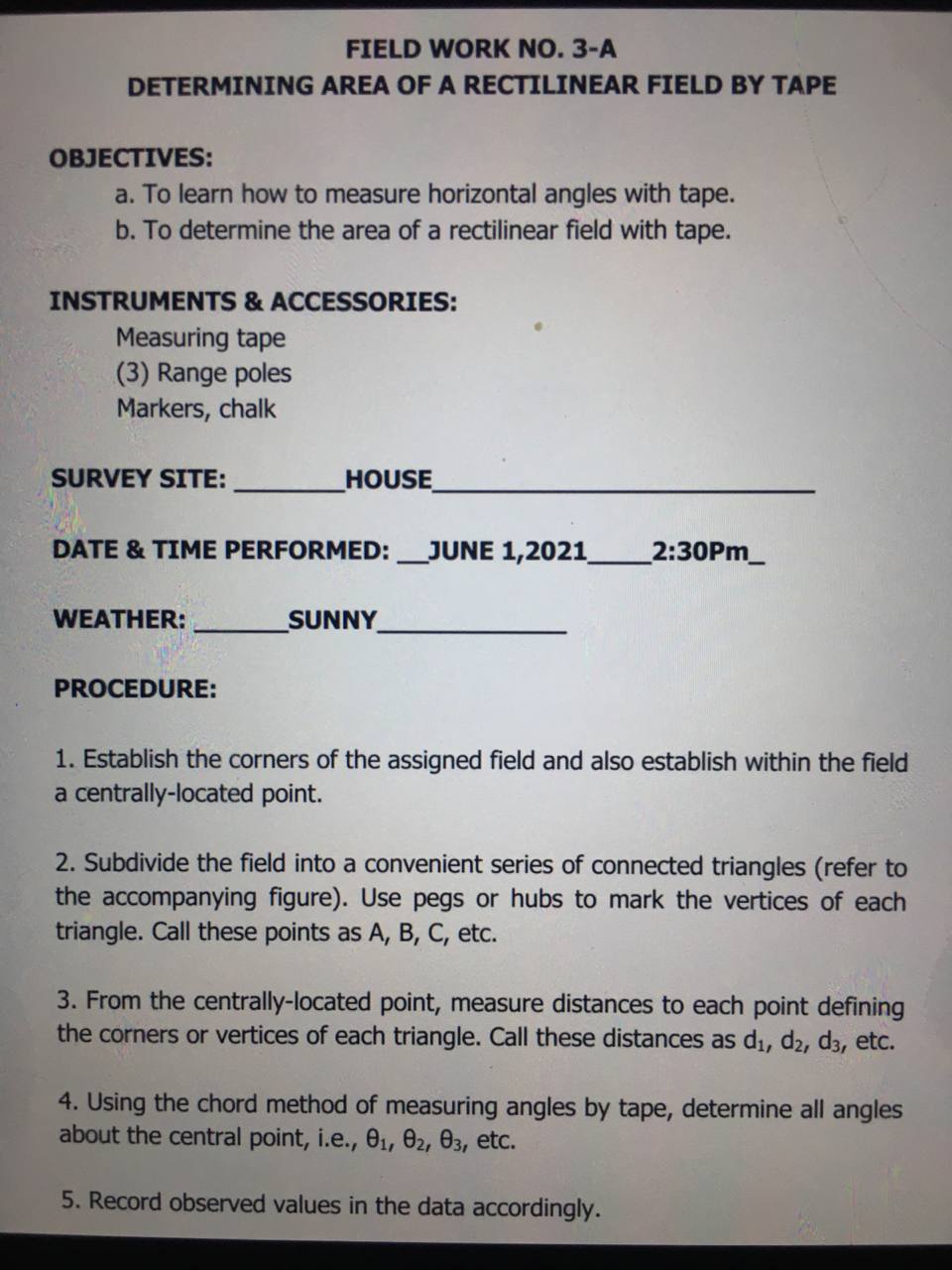 Solved FIELD WORK NO. 3-A DETERMINING AREA OF A RECTILINEAR | Chegg.com