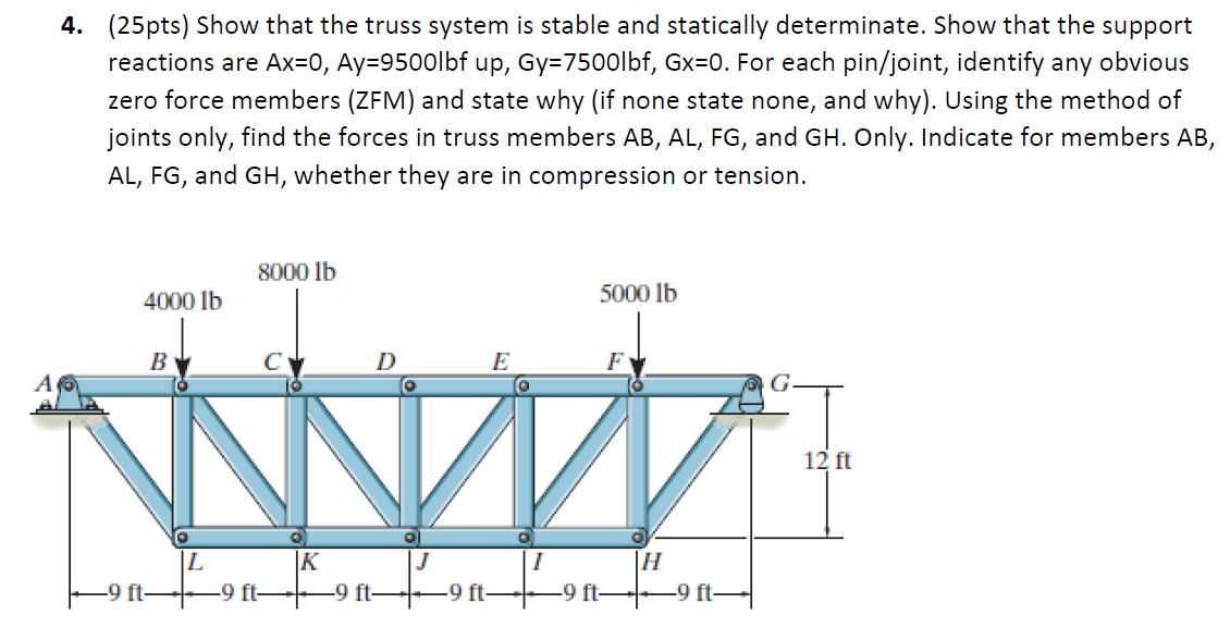 Solved 4. ( 25pts) Show that the truss system is stable and | Chegg.com