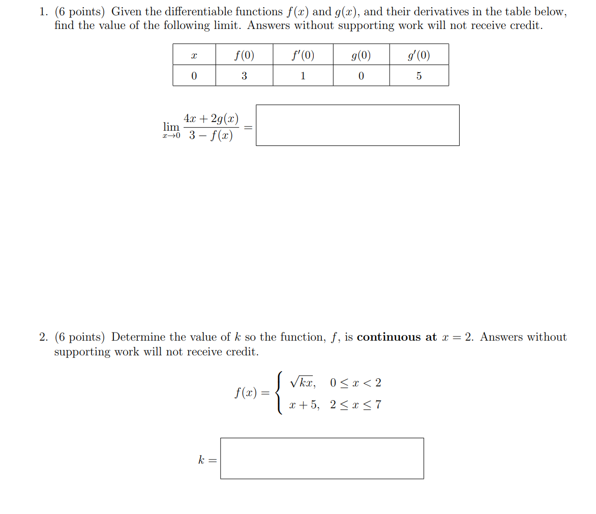 Solved 1. (6 points) Given the differentiable functions f(x) | Chegg.com