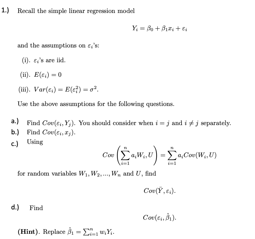 1.) Recall the simple linear regression model | Chegg.com