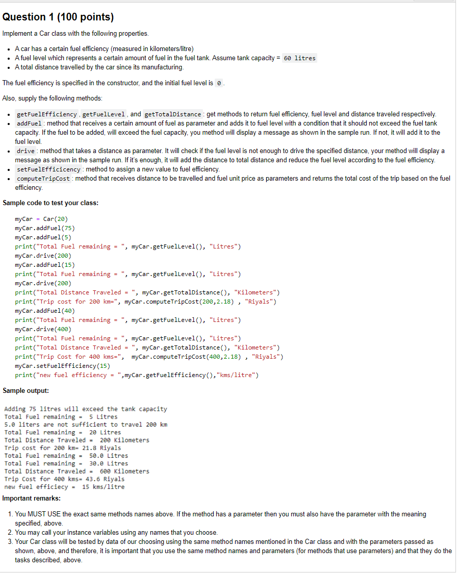 Solved Question 1 (100 points) Implement a Car class with | Chegg.com