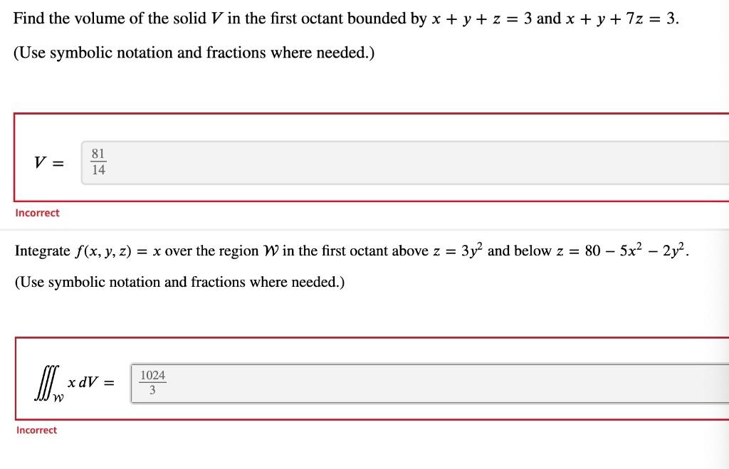 Solved Find the volume of the solid V in the first octant | Chegg.com