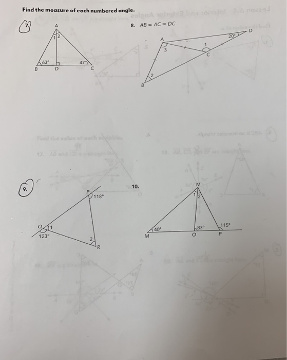 Solved Find the measure of each numbered angle 7 8. AB AC DC | Chegg.com