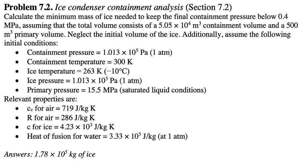 Solved Problem 7.2. Ice condenser containment analysis | Chegg.com