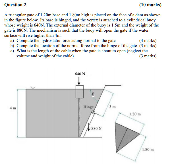 Solved Question 2 (10 marks) A triangular gate of 1.20m base | Chegg.com