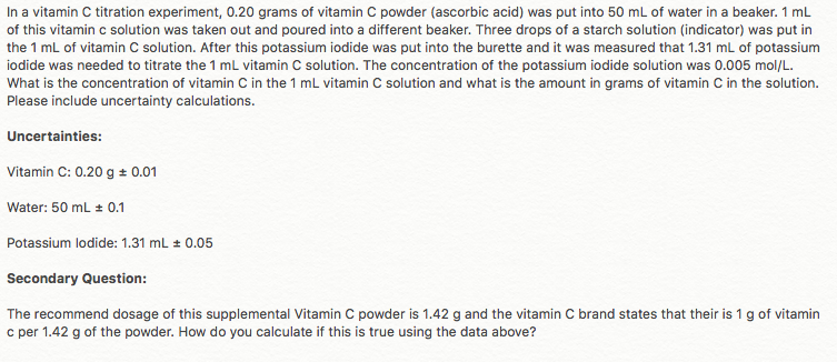 Solved In a vitamin C titration experiment, 0.20 grams of | Chegg.com